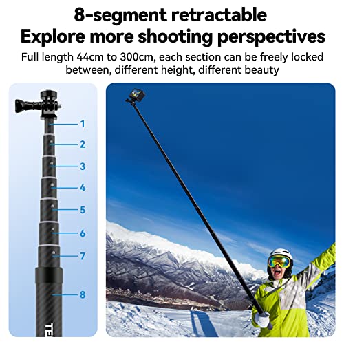 TELESIN G3 Selfie Stick Pole Long (Upgraded 118"/3M), Invisible Carbon Fiber Lightweight Extension Waterproof Underwater Diving Monopod for GoPro Max Mini Hero 11 10 9 8 7, Insta360, DJI Action, AKASO