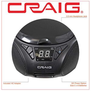 Craig CD6925BT-BK Portable Top-Loading Stereo CD Boombox with AM/FM Stereo Radio and Bluetooth Wireless Technology in Black | LED Display | Programmable CD Player | CD-R/CD-W Compatible | AUX Port |