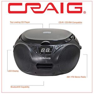 Craig CD6925BT-BK Portable Top-Loading Stereo CD Boombox with AM/FM Stereo Radio and Bluetooth Wireless Technology in Black | LED Display | Programmable CD Player | CD-R/CD-W Compatible | AUX Port |