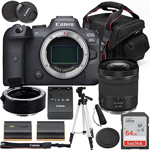 R6 Full Frame Mirrorless Camera with RF 24-105mm STM Lens Bundle + EOS R Mount Adapter + 64GB Ultra High Speed Memory Card + Accessories Including Extra Battery, Case & Tripod, Black, (4082C022)