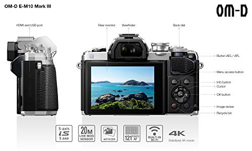 Olympus OM-D E-M10 Mark III Micro Four Thirds System Camera, 16 Megapixels, Image Stabilizer, Electronic Viewfinder, 4K Video, Silver