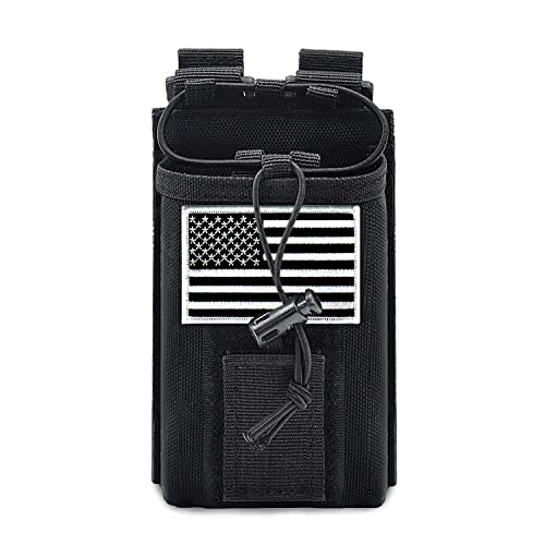 Molle Radio Pouch Radio Holster Tactical Radio Holder Duty Belt Accessories Military Heavy Duty Radio Bag for Two Ways Walkie Talkies Adjustable Storage with 1 Pack Patch (Black-White Flag)