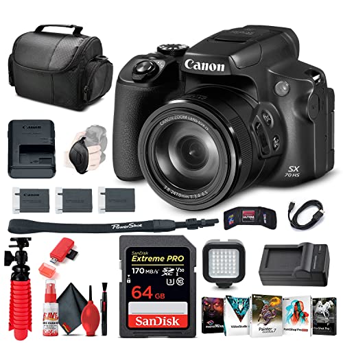 Canon PowerShot SX70 HS Digital Camera (3071C001) + 64GB Card + Corel Photo Software + 2 x LPE12 Battery + External Charger + Card Reader + LED Light + HDMI Cable + Deluxe Soft Bag + More (Renewed)