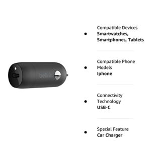 Belkin 20 Watt USB C Car Charger with Fast Charging for Apple iPhone 14, 14 Pro, 14 Pro Max, iPhone 13, 13 Pro, 13 Pro Max, iPad Pro Samsung Galaxy S22 Ultra & More (Cable Not Included) - Black