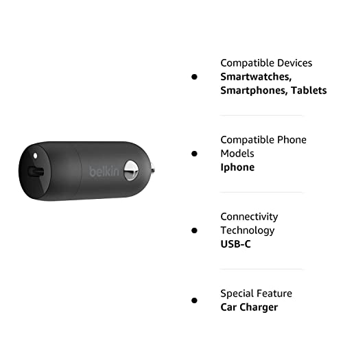 Belkin 20 Watt USB C Car Charger with Fast Charging for Apple iPhone 14, 14 Pro, 14 Pro Max, iPhone 13, 13 Pro, 13 Pro Max, iPad Pro Samsung Galaxy S22 Ultra & More (Cable Not Included) - Black