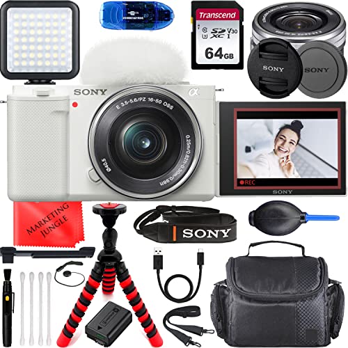 Sony ZV-E10 Mirrorless Camera with 16-50mm Lens (White) Vlogging/Video Creator Bundle with Portable LED Light, 64Gb Memory Card, Cleaning Kit + Accessories, ILCZV-E10L/W