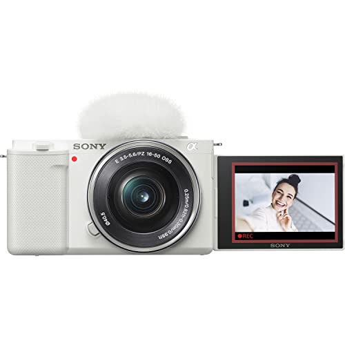 Sony ZV-E10 Mirrorless Camera with 16-50mm Lens (White) Vlogging/Video Creator Bundle with Portable LED Light, 64Gb Memory Card, Cleaning Kit + Accessories, ILCZV-E10L/W