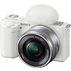 Sony ZV-E10 Mirrorless Camera with 16-50mm Lens (White) Vlogging/Video Creator Bundle with Portable LED Light, 64Gb Memory Card, Cleaning Kit + Accessories, ILCZV-E10L/W