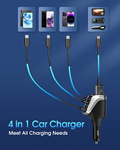 USB C Car Charger, 4 in 1 Cigarette Lighter Adapter, Socket Splitter with 3 USB Ports, 12V/24V Dual USB Type C PD Super Fast Car Charger Adapter Compatible with iPhone14/13/Samsung/Google/GPS/Dash Cam