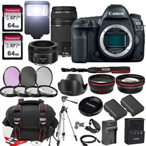 canon eos 5d mark iv dslr camera w/ef 50mm f/1.8 stm lens + 75-300mm f/4-5.6 iii lens + 2x 64gb memory + hood + case + filters + tripod + more (35pc bundle)