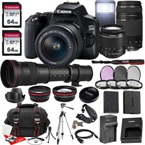 canon eos rebel 250d dslr camera w/18-55mm f/3.5-5.6 zoom lens + 75-300mm f/4-5.6 iii lens + 420-800mm f/8.3 hd lens +2x 64gb memory + hood + case + filters + tripod + more (35pc bundle)