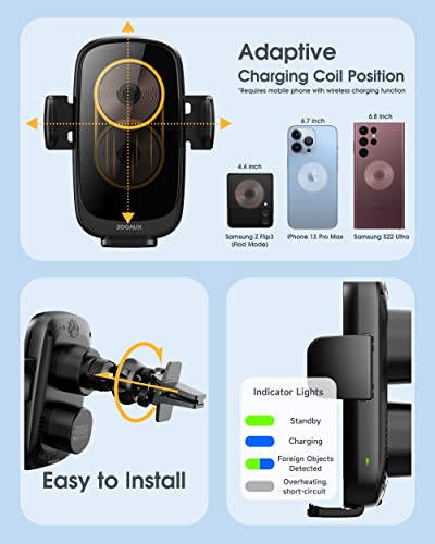 [Auto-Alignment Coil Version] ZOOAUX Wireless Car Charger, 15W Auto Clamping Car Charger Mount Air Vent Charging Phone Holder for iPhone 13 12 11 Xs X 8, Samsung Galaxy Z Flip3 S22 S21 S9 Note 10, etc