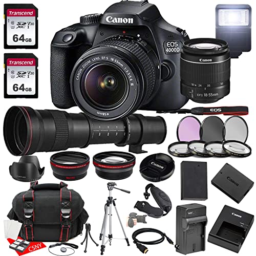 Canon EOS 4000D (Rebel T100) DSLR Camera w/18-55mm F/3.5-5.6 Zoom Lens + 420-800mm f/8.3 HD Telephoto Lens + 2X 64GB Memory + Hood + Case + Filters + Tripod + More (35pc Bundle)