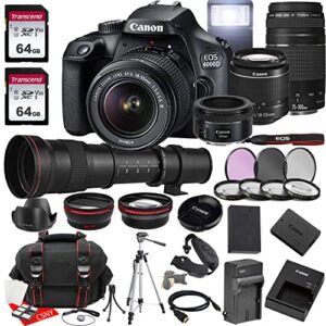 canon eos 4000d (rebel t100) dslr camera w/18-55mm f/3.5-5.6 zoom + 75-300mm f/4-5.6 iii + ef 50mm f/1.8 stm + 420-800mm f/8.3 hd telephoto lens + 2x 64gb memory+hood+filters+tripod+more (35pc bundle)