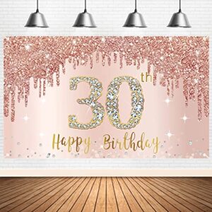 happy 30th birthday banner backdrop decorations for women, rose gold thirty birthday party sign supplies, pink 30 birthday poster background photo booth props decor