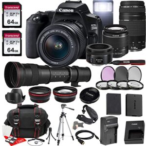 canon eos rebel 250d dslr camera w/18-55mm f/3.5-5.6 zoom + 75-300mm f/4-5.6 iii+ ef 50mm f/1.8 stm lenses + 420-800mm f/8.3 hd lens +2x 64gb memory + hood + case + filters +tripod +more (35pc bundle)