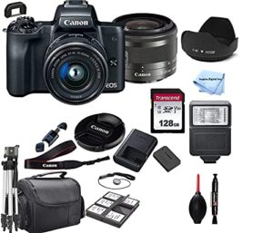 canon eos m50 mirrorless digital camera (black) with 15-45mm stm lens + 128gb + padded case + steady grip tripod + 50 inch tripod + tulip lens hood