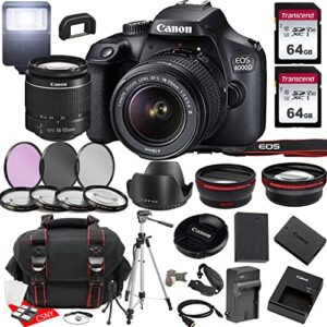 canon eos 4000d (rebel t100) dslr camera w/18-55mm f/3.5-5.6 zoom lens + 2x 64gb memory + hood + case + filters + tripod + more (35pc bundle)