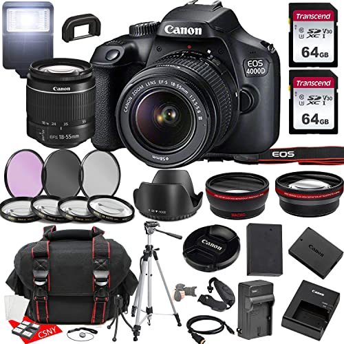 Canon EOS 4000D (Rebel T100) DSLR Camera w/18-55mm F/3.5-5.6 Zoom Lens + 2X 64GB Memory + Hood + Case + Filters + Tripod + More (35pc Bundle)