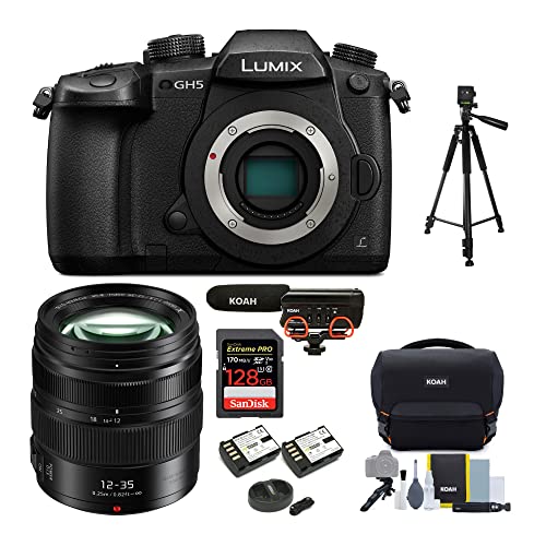 Panasonic LUMIX GH5 4K Mirrorless Camera with 12-35mm Lens,128GB SD Card, Koah Roebling Street Camera System Gadget Bag, Shock Mount, 60” Tripod and Battery and Dual Charger Bundle (7 Items)