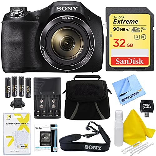 Sony DSCH300/B Digital Camera (Black) Bundle with High Speed 32GB Card, Rechargeable AA Batteries and AC/DC Charger, SD Card Reader, Table Top Tripod, LCD Screen Protectors, Padded Case, Memory Wallet+ More