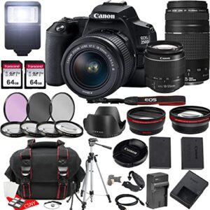 canon eos 250d (rebel sl3) dslr camera w/18-55mm f/3.5-5.6 zoom lens + 75-300mm f/4-5.6 iii lens + 2x 64gb memory + hood + case + filters + tripod + more (35pc bundle)