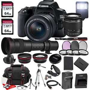 canon eos rebel 250d dslr camera w/18-55mm f/3.5-5.6 zoom lens + 420-800mm f/8.3 hd telephoto lens + 2x 64gb memory + hood + case + filters + tripod + more (35pc bundle)