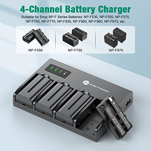 FirstPower 4 Pack NP-F550 Batteries and 4-Channel Charger Compatible with Sony NP-F970 F960 F770 F750 F570 F550 F530 F330 CCD-SC55 TR516 TR716 TR818 TR910 TR917 Camcorder and Led Video Light, Monitor