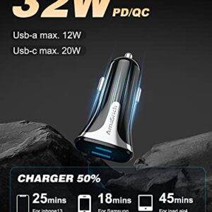 Amasrich 32W Total PD Super Fast Charging Car Charger for iPhone/iPad/Galaxy Note/Galaxy S/Galaxy A/Galaxy Z/GalaxyTab S,20W + 12W Dual Ports