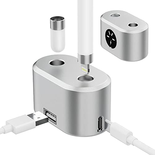 GFOX Charging Station for Apple Pencil 1st Generation, iPencil Charging Adapter Compatible with iPad Pencil, iPad Pen Charging Holder with LED Light Display Screen USB Port - Silver