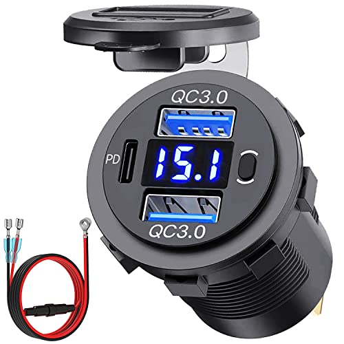 Cllena 12V USB Outlet Dual Quick Charge 3.0 & PD USB C Three-Port USB Charger Socket with Voltmeter and Power Switch, Multi-Function Car USB Charger Adapter for Car Boat Marine RV Truck ATV Golf Cart