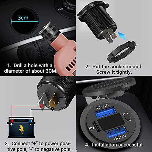 Cllena 12V USB Outlet Dual Quick Charge 3.0 & PD USB C Three-Port USB Charger Socket with Voltmeter and Power Switch, Multi-Function Car USB Charger Adapter for Car Boat Marine RV Truck ATV Golf Cart