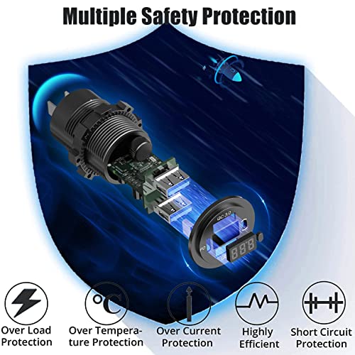 Cllena 12V USB Outlet Dual Quick Charge 3.0 & PD USB C Three-Port USB Charger Socket with Voltmeter and Power Switch, Multi-Function Car USB Charger Adapter for Car Boat Marine RV Truck ATV Golf Cart