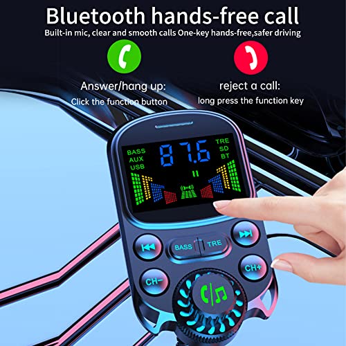 Bluetooth FM Transmitter for Car, Wireless Bluetooth Car Adapter 5.3 with Color Screen, Hands Free Calling [30W PD&QC3.0] [Treble &Bass Sound] Music Player, Support AUX Out U Disk/TF Card