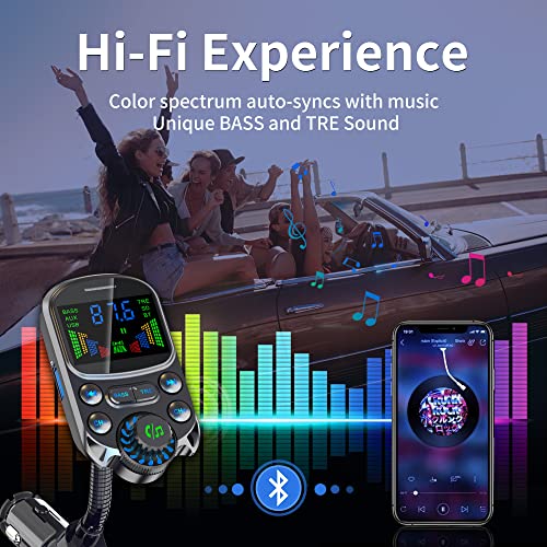 Bluetooth FM Transmitter for Car, Wireless Bluetooth Car Adapter 5.3 with Color Screen, Hands Free Calling [30W PD&QC3.0] [Treble &Bass Sound] Music Player, Support AUX Out U Disk/TF Card