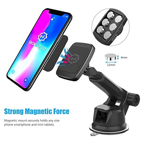 WixGear Universal Magnetic Car Mount Holder, Windshield Mount and Dashboard Mount Holder for Cell Phones and Tablets with Long Arm – (New Version Telescopic Arm)