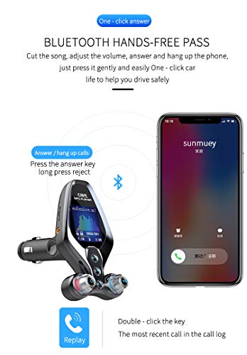 Bluetooth 5.0 FM Transmitter for Car, QC3.0 & TFT Colorful Display Wireless Bluetooth FM Radio Adapter Four Music Player Mode/Car Kit，Hands-Free Calls Support TF Card/U Disc Aux Input/Output