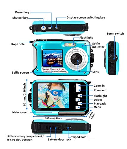 Waterproof Digital Camera for Snorkeling 24 MP Video Recorder Full HD 1080P Bundle with Swimming Goggles, 32GB SD Card, Floating Wrist Strap. DV Recording Point and Digital Shoot, Dual Screen.