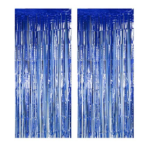 Muhome Blue Foil Fringe Curtain, 2PCS 3.28FT x 8.2FT Metallic Tinsel Door Curtains Photo Booth Backdrop for Wedding Birthday Bridal Shower Baby Shower Bachelorette Disco Dancing Party Decorations