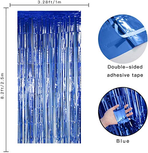 Muhome Blue Foil Fringe Curtain, 2PCS 3.28FT x 8.2FT Metallic Tinsel Door Curtains Photo Booth Backdrop for Wedding Birthday Bridal Shower Baby Shower Bachelorette Disco Dancing Party Decorations