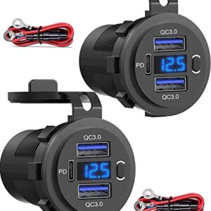 12V USB Outlet, Dual USB Quick Charge 3.0 Port & PD USB C Car Charger Socket with Voltmeter and Power Switch for Car Boat Marine Truck 2 Pack