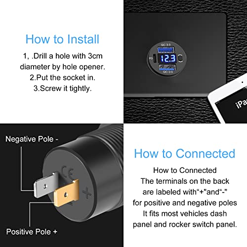 12V USB Outlet, Dual USB Quick Charge 3.0 Port & PD USB C Car Charger Socket with Voltmeter and Power Switch for Car Boat Marine Truck 2 Pack