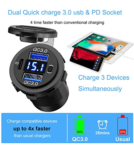 12V USB Outlet, Dual USB Quick Charge 3.0 Port & PD USB C Car Charger Socket with Voltmeter and Power Switch for Car Boat Marine Truck 2 Pack