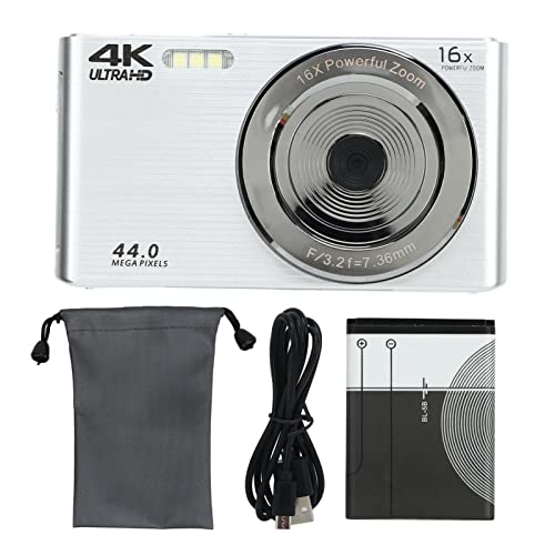 16X Digital Zoom Camera, 2.8in LCD Screen, 4K 44MP Anti Shake High Resolution HD Camera, Built in Fill Light, USB Rechargeable and Data Transferable (Silver)