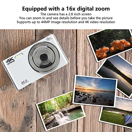 16X Digital Zoom Camera, 2.8in LCD Screen, 4K 44MP Anti Shake High Resolution HD Camera, Built in Fill Light, USB Rechargeable and Data Transferable (Silver)