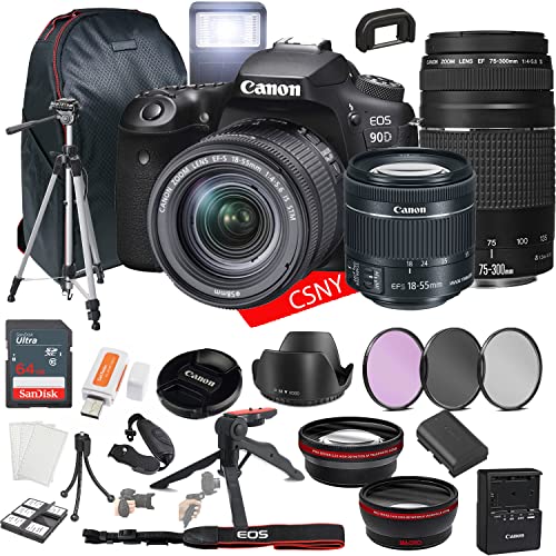 CaCanon EOS 90D DSLR Camera w/EF-S 18-5mm F/4-5.6 is STM Lens + 75-300mm F/4-5.6 III Lens + 64GB Memory + Back Pack Case + Tripod, Lenses, Filters, & More (28pc Bundle)