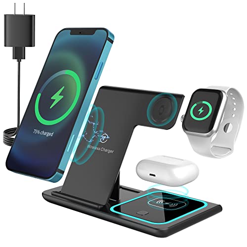 Wireless Charger, 3 in 1 Fast Wireless Charging Station, Charging Stand Dock for iPhone 14,13,12,11(Pro, Pro Max)/XS Max/XR/XS/X/8(Plus), for Samsung Galaxy, for Apple Watch Series & AirPods(Black)