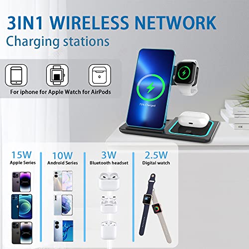 Wireless Charger, 3 in 1 Fast Wireless Charging Station, Charging Stand Dock for iPhone 14,13,12,11(Pro, Pro Max)/XS Max/XR/XS/X/8(Plus), for Samsung Galaxy, for Apple Watch Series & AirPods(Black)