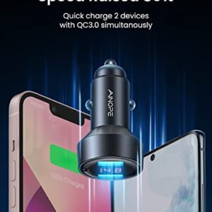 AINOPE Car Charger Adapter, Dual QC3.0 Port 6A/36W Fast USB Car Charger All Metal Cigarette Lighter USB Charger Voltage Display Compatible with 11/11 pro/XR/X/XS/8, Galaxy Note 8/S9/S10+/S8-Black