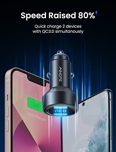 AINOPE Car Charger Adapter, Dual QC3.0 Port 6A/36W Fast USB Car Charger All Metal Cigarette Lighter USB Charger Voltage Display Compatible with 11/11 pro/XR/X/XS/8, Galaxy Note 8/S9/S10+/S8-Black